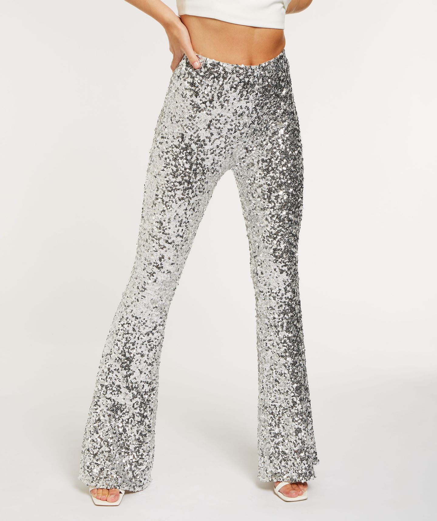 FLORA high rise flared dames broek met pailletten - Silver | JOSH V | Official online shop