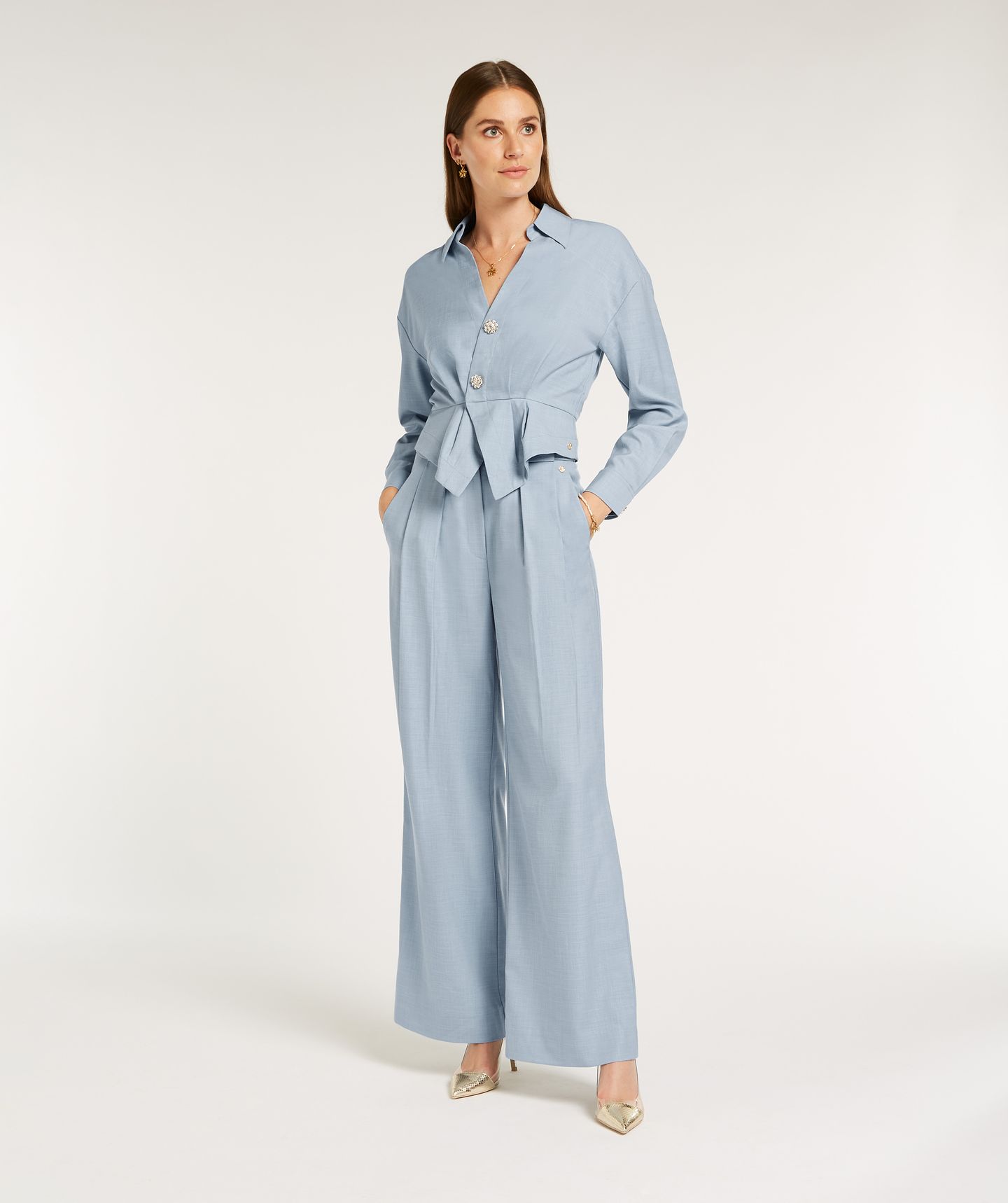 RIVKA high rise ultra wide leg pantalon - Dusty Blue Melange | JOSH V ...